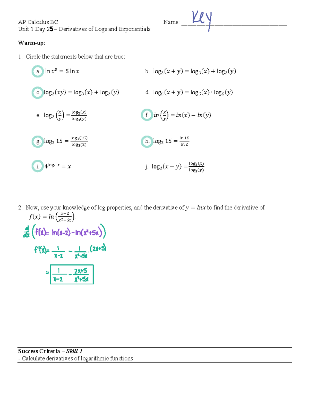 AP Calculus BC - Unit 1 Day 24: Derivatives of Logs & Exponents - Studocu