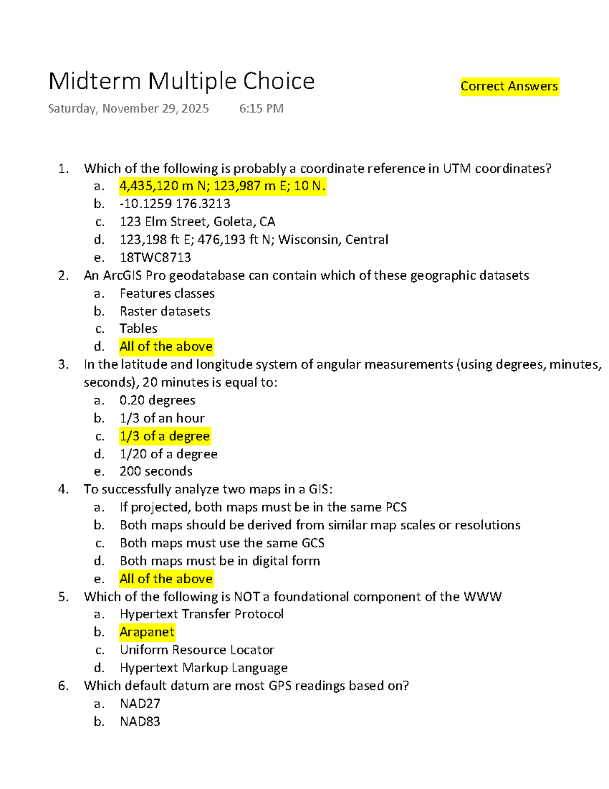 GIS 101 Midterm Multiple Choice Questions - Studocu