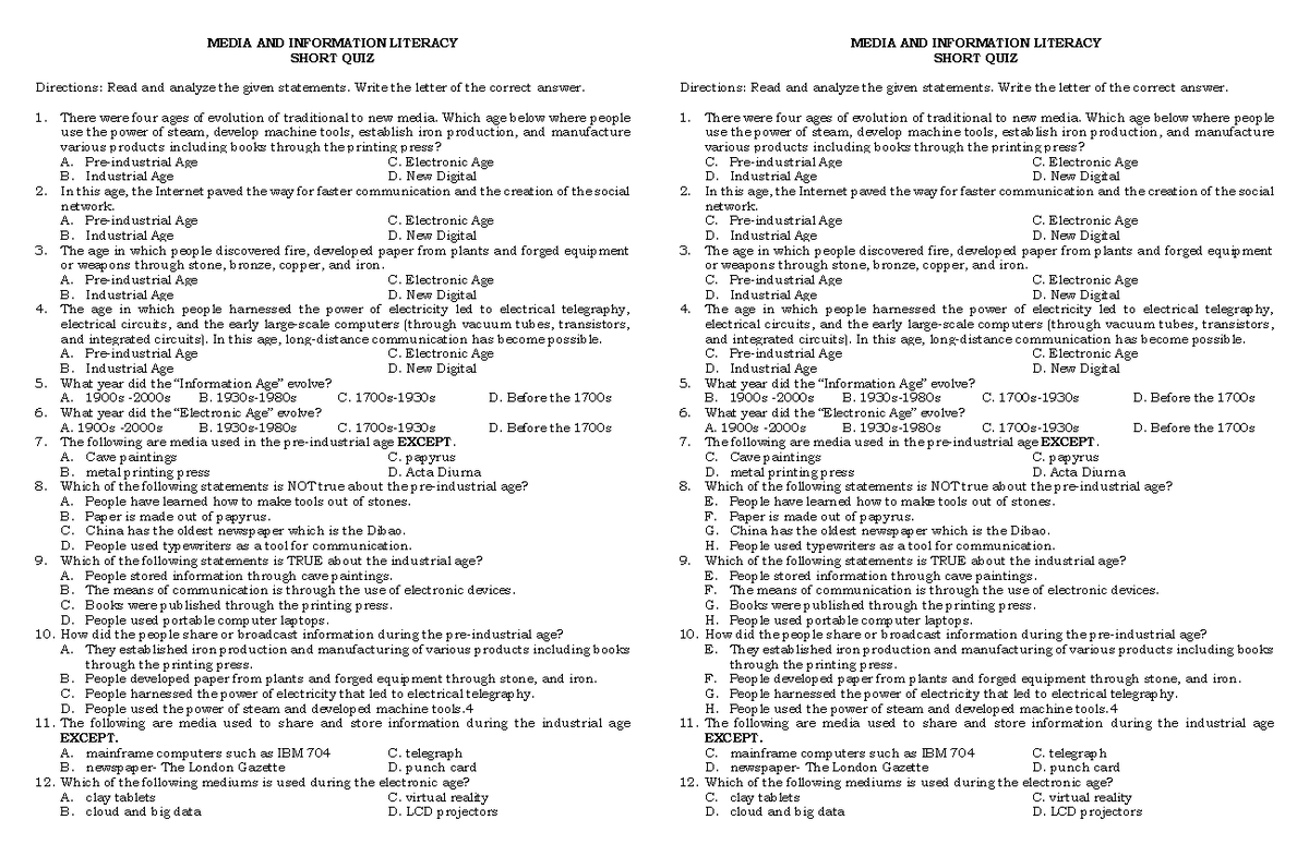 MIL - Short Quiz 2 - Media Evolution and Communication Ages - Studocu