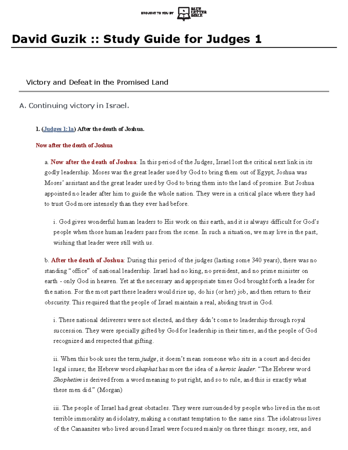 Study Guide: Judges 1 Overview by David Guzik and Analysis - Studocu