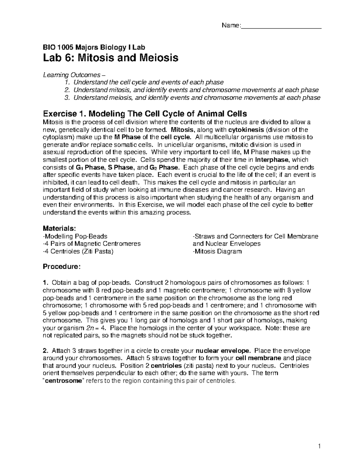 BIO 1005 Lab 6: Exploring Mitosis and Meiosis in Animal Cells - Studocu