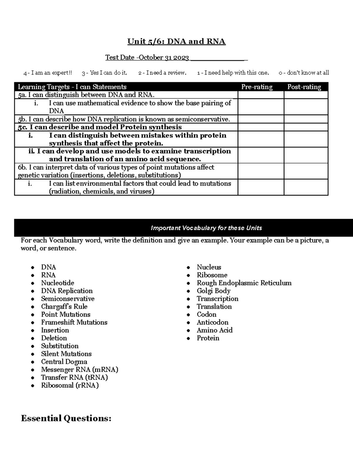 DNA & RNA Study Guide (Unit 5/6) - Midterm Review 2023 - Studocu