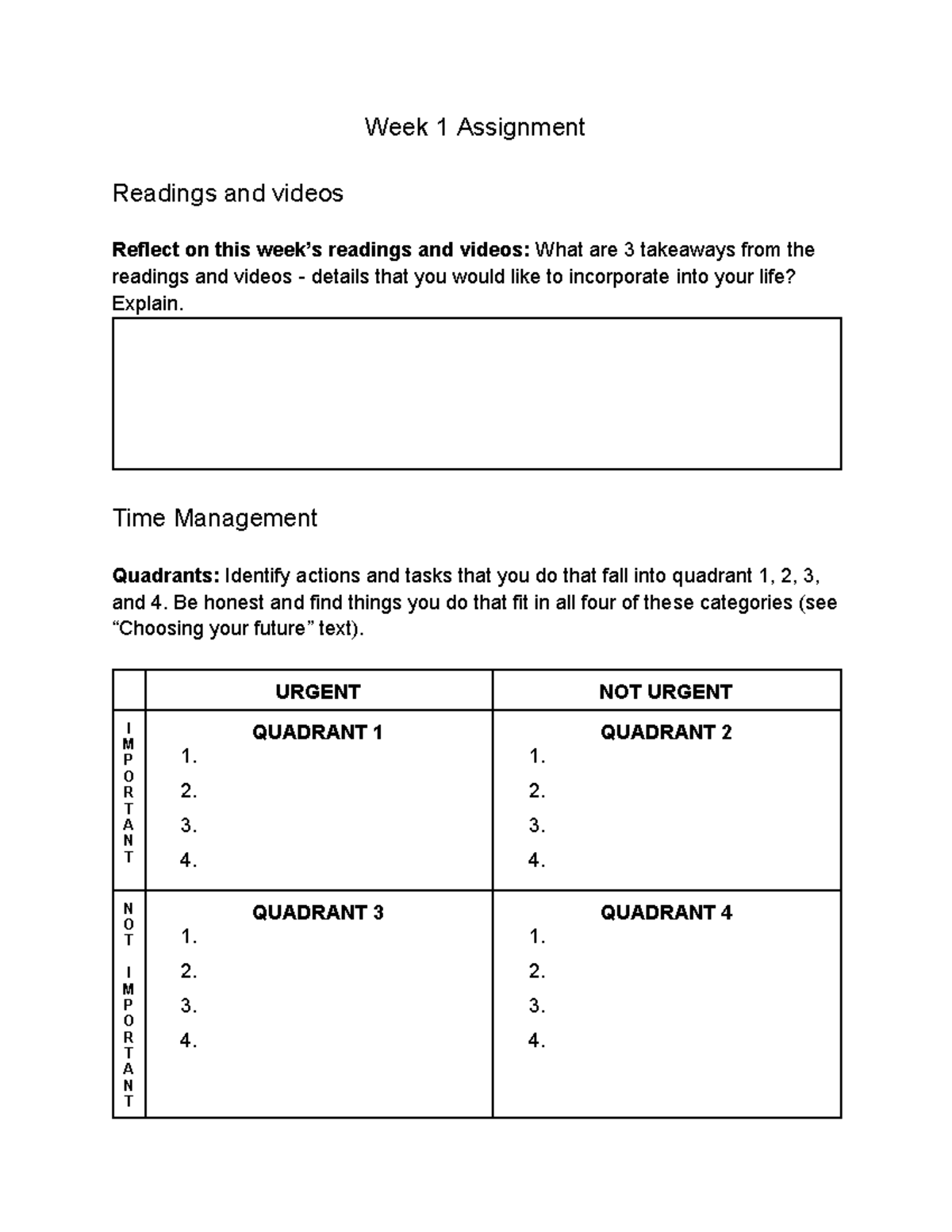 Week 1 Assignment: Time Management Reflection & Intro Letter - Studocu