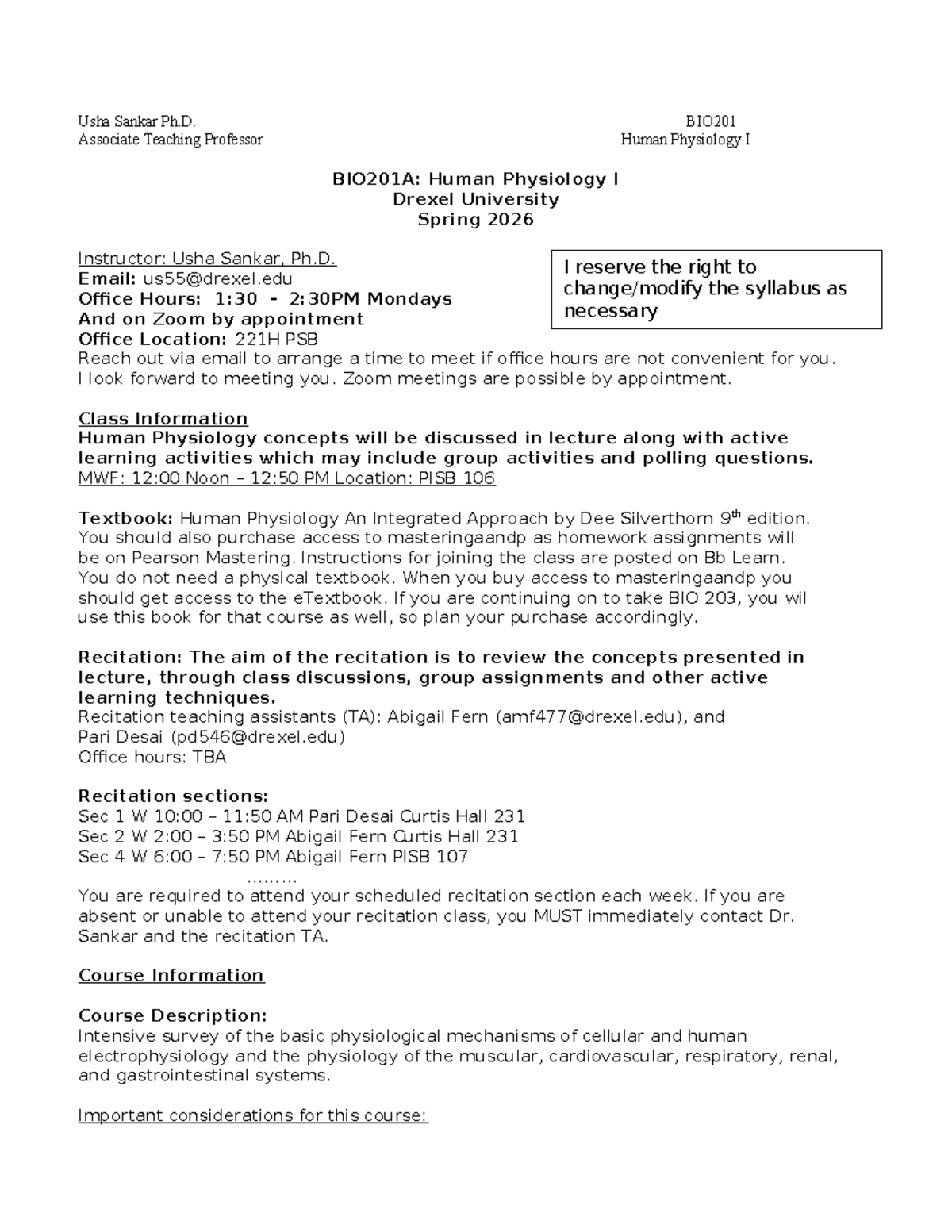 BIO201A: Human Physiology I Syllabus - Spring 2026 by Usha Sankar, Ph.D ...