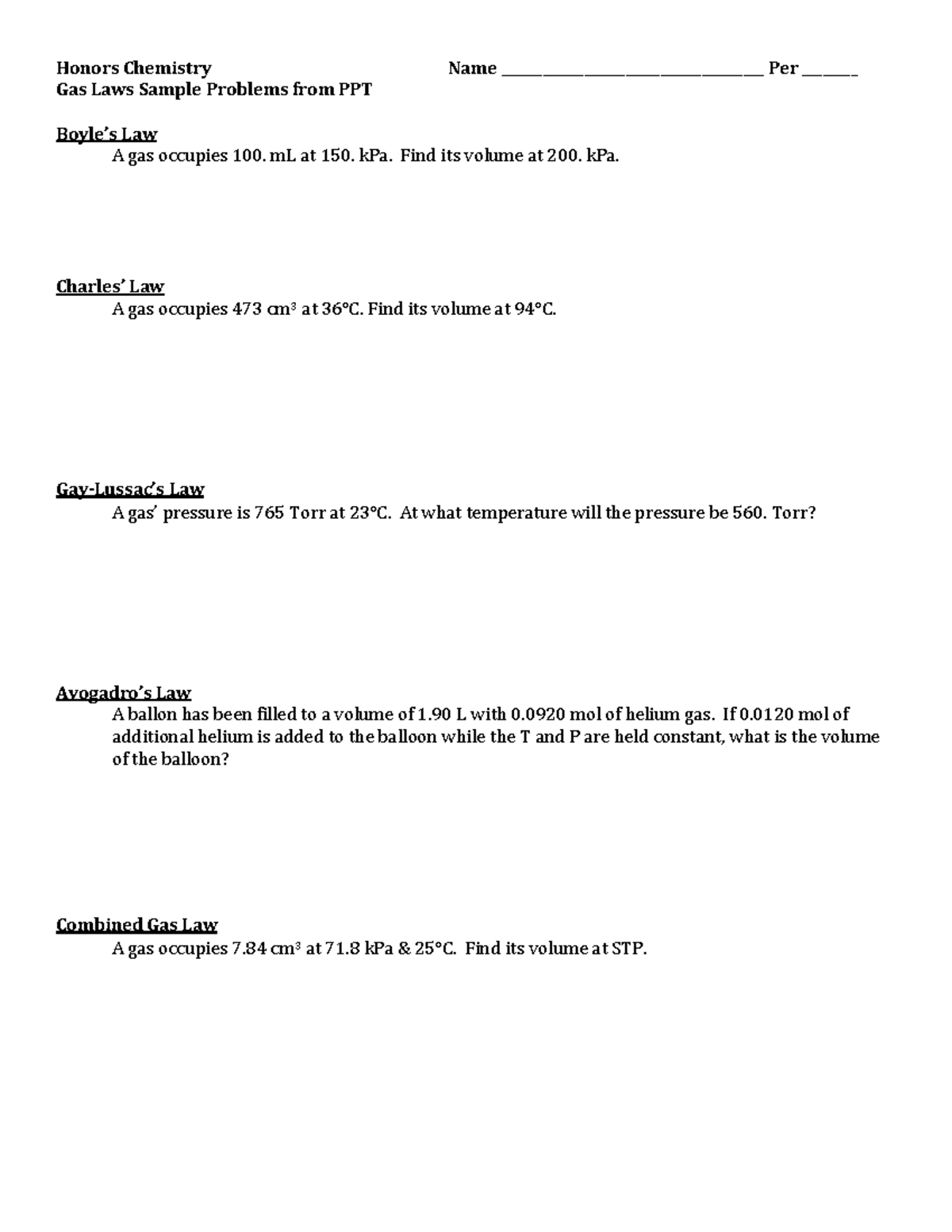 Unit 8.1 Honors Chemistry Gas Laws Practice Problems - Studocu