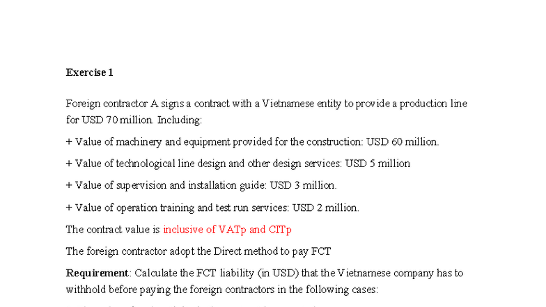 FCT Calculation Exercises for Foreign Contractors - 4-FCT-222 - Studocu