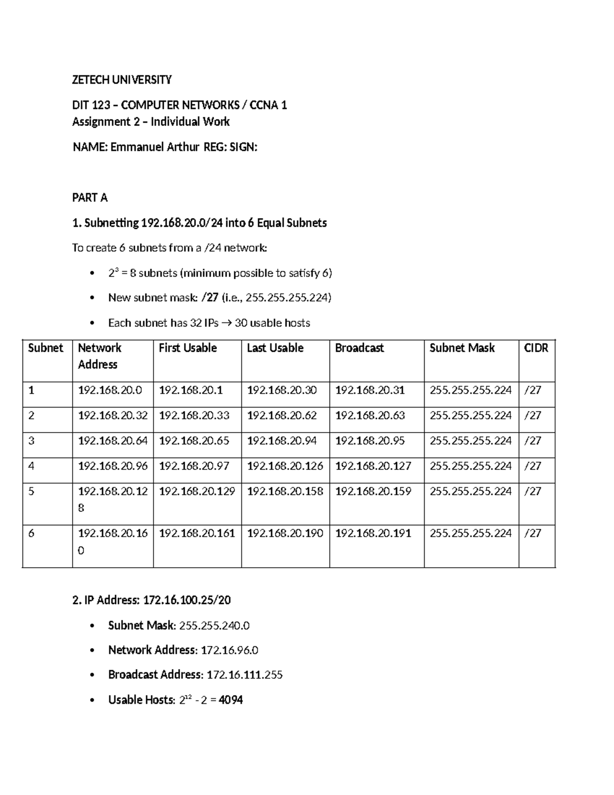 CCNA 1 DIT 123 Assignment 2: Subnetting & ARP Analysis - Studocu