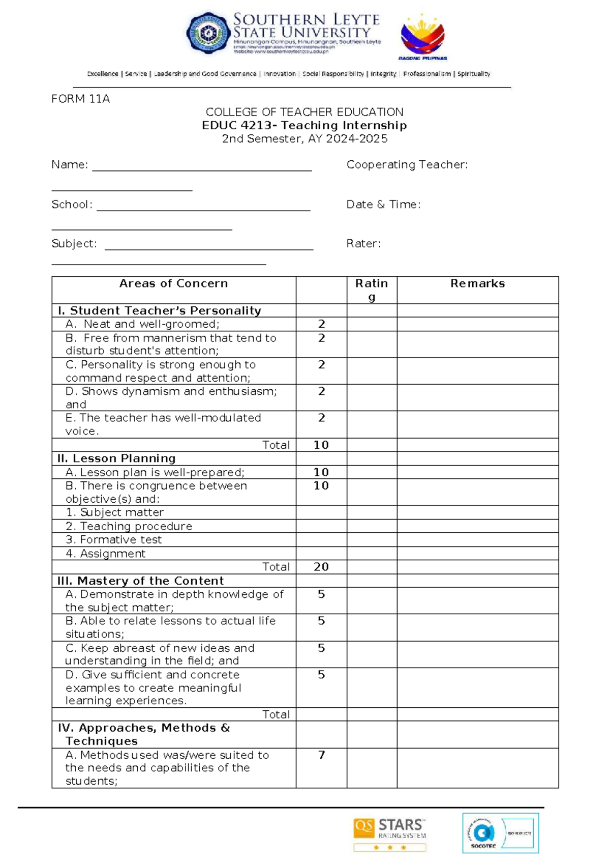 FORM 11A: Teaching Internship Evaluation - 2nd Sem, AY - Studocu