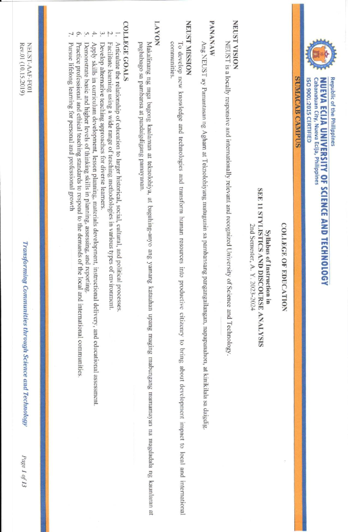 SEE 11 Stylistics and Discourse Analysis Syllabus for BSED Program ...