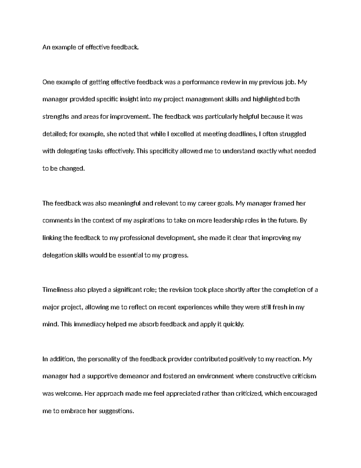 BUS1101LJU2 - HOMEWORK - An example of effective feedback. One example ...