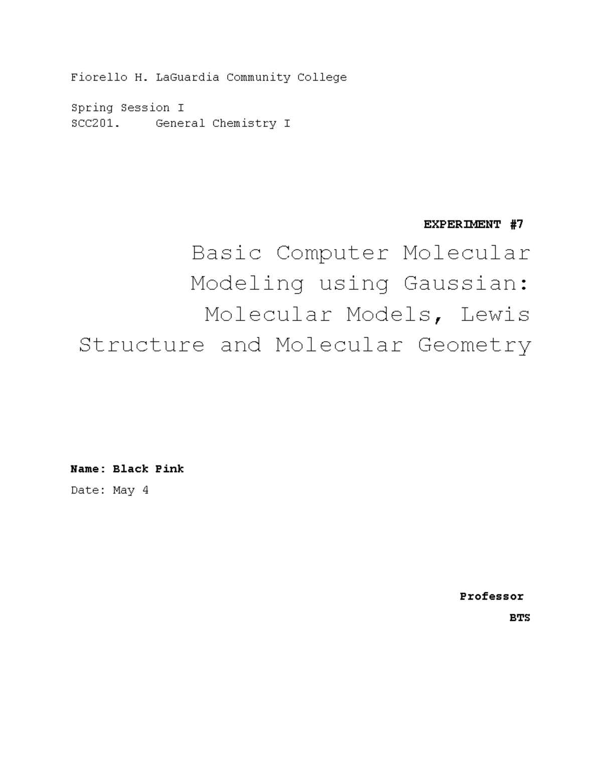 SCC201 Lab 7: Molecular Modeling with Gaussian - Lewis Structures ...