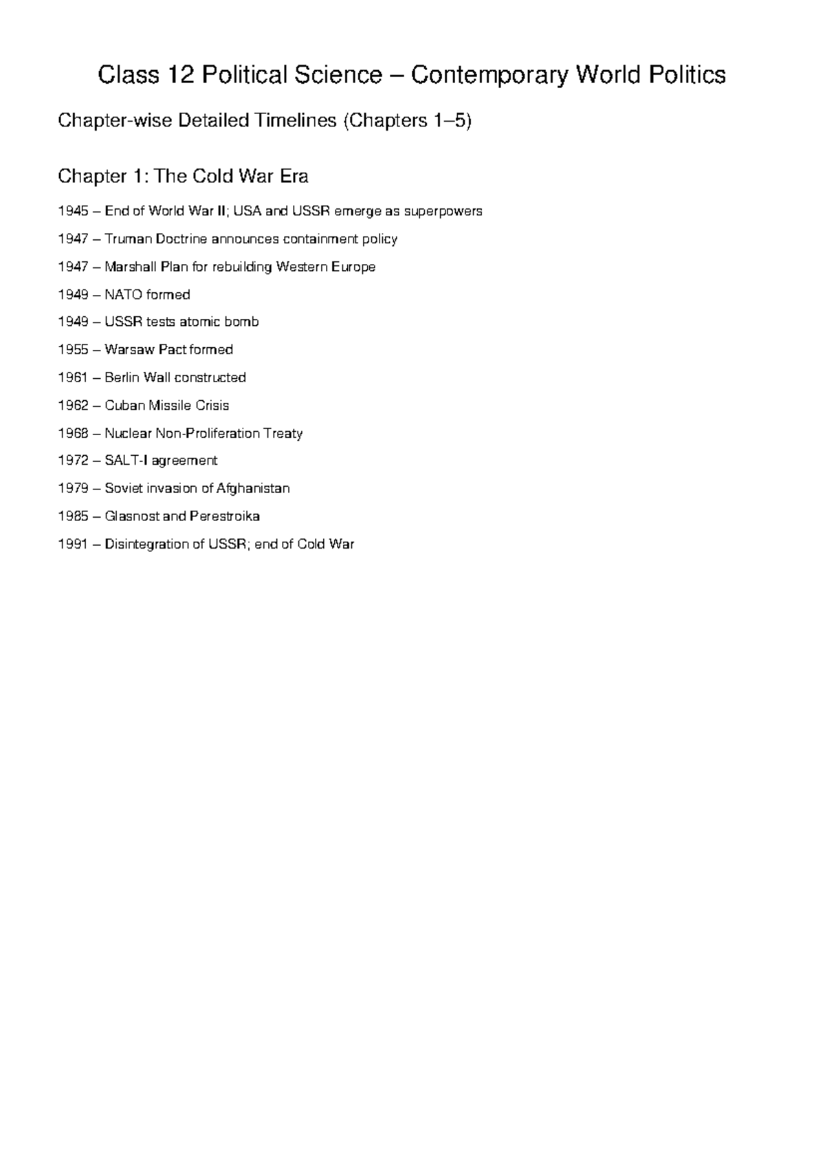 Class 12 Political Science Timelines: Ch 1-5 Overview of World Politics ...