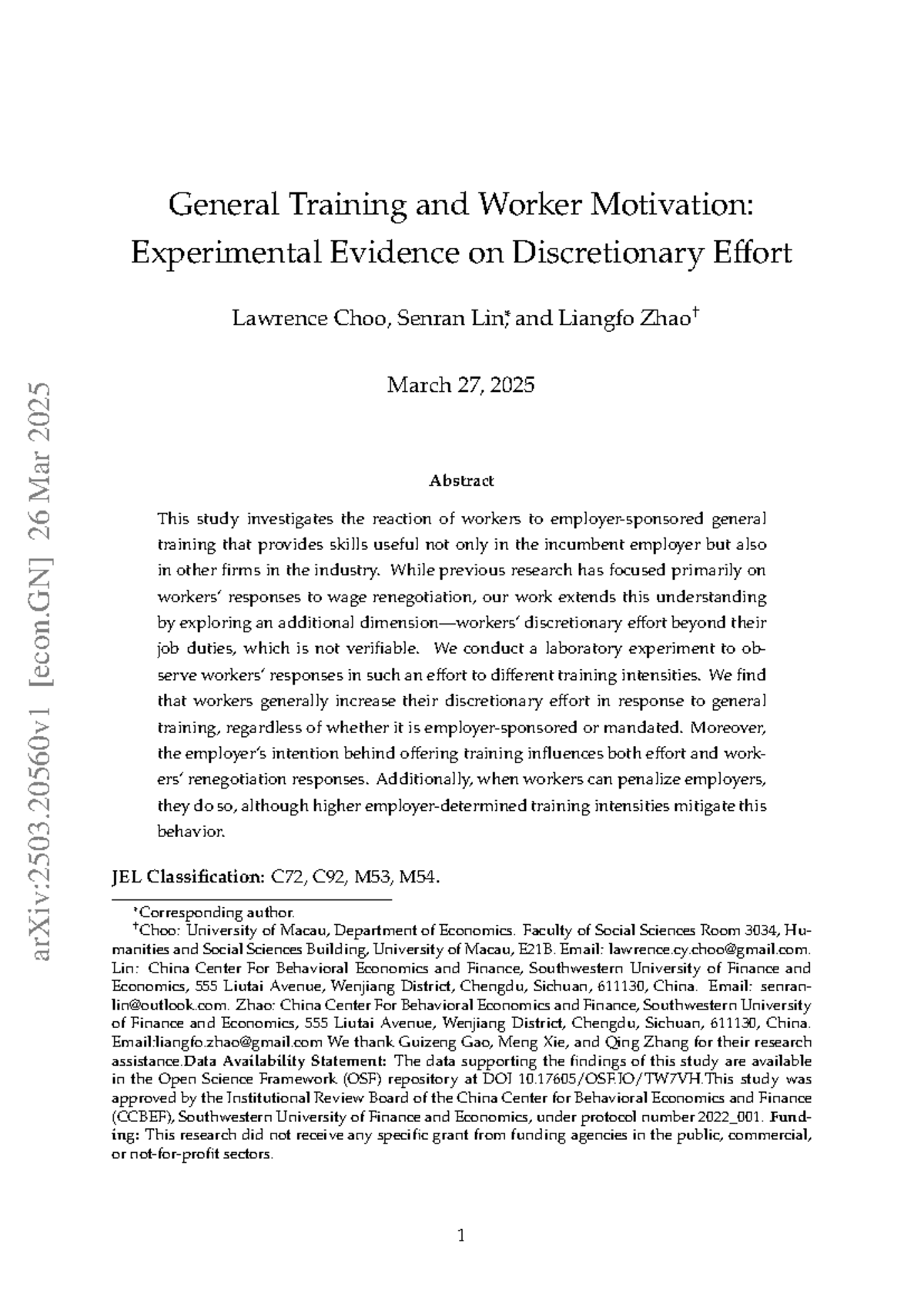 General Training and Worker Motivation: Evidence from Experiments - Studocu