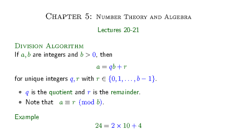 Chapter 5: Number Theory & Algebra Lectures 20-25 Notes - Studocu