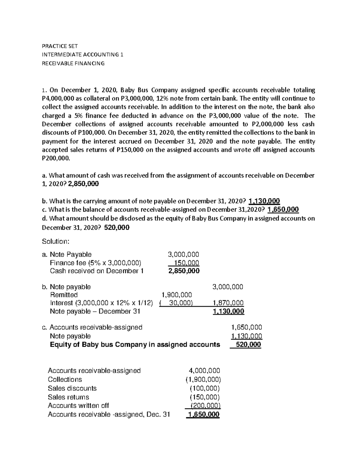 Receivable Financing Answer Key - PRACTICE SET INTERMEDIATE ACCOUNTING 1 RECEIVABLE FINANCING On ...