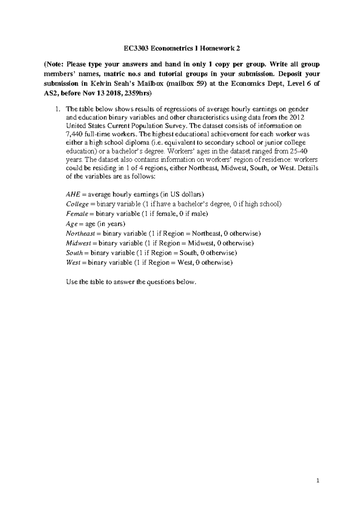 Ly Homework 2 with Suggested Answers - EC3303 Econometrics I Homework 2 (Note: Please type your ...