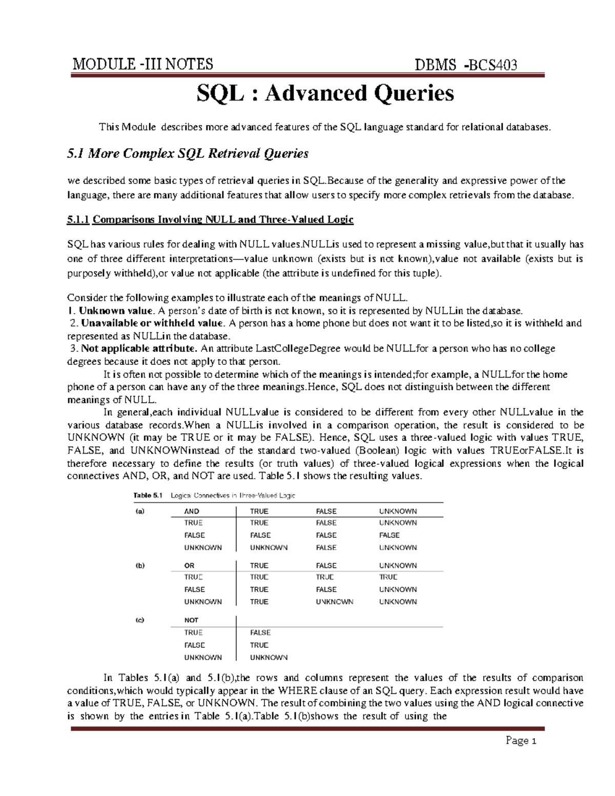 DBMS Module-III: Advanced SQL Queries and Concepts - Studocu