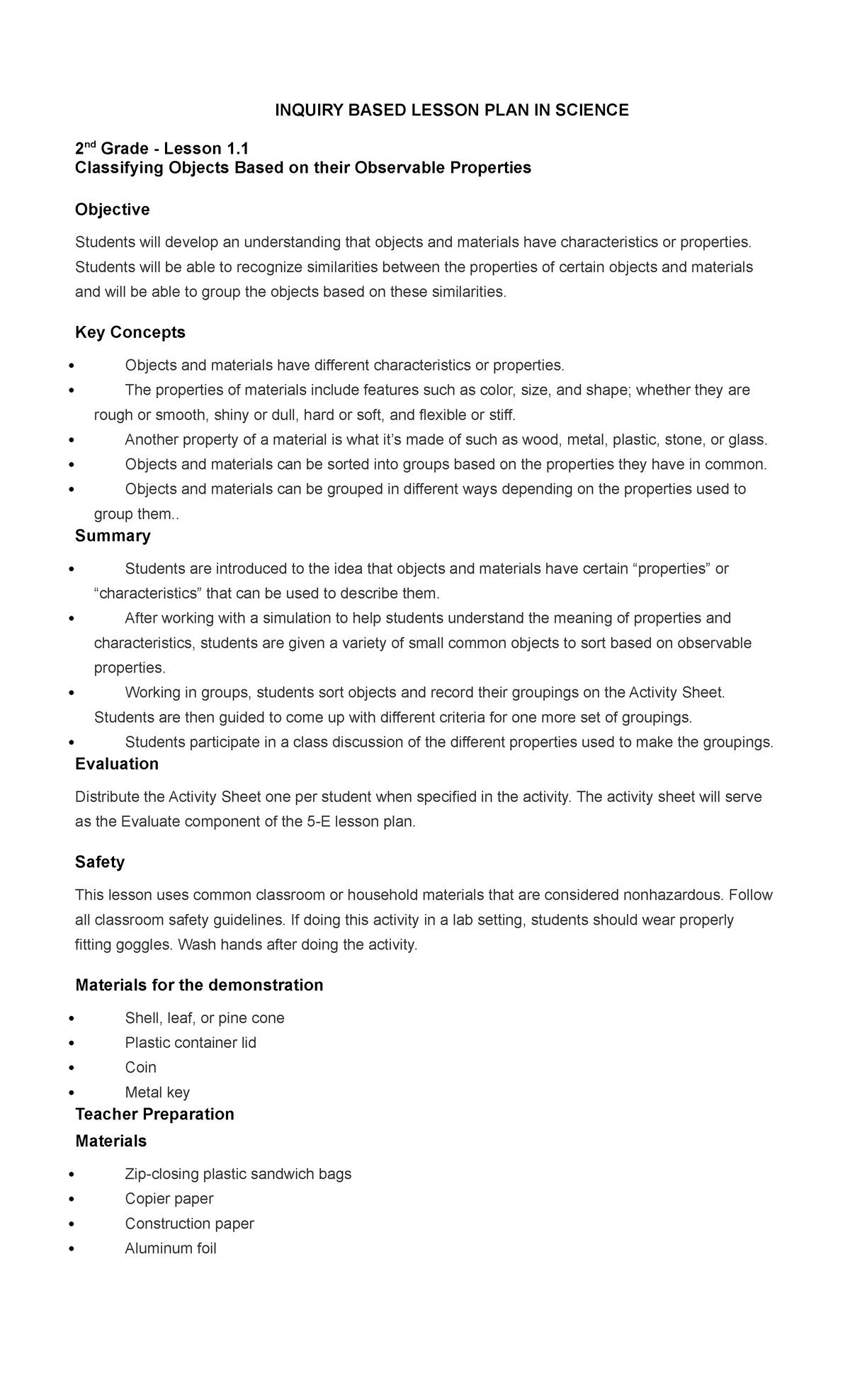 Inquiry-Based Science Lesson Plan: Classifying Objects (BEED3-A) - Studocu