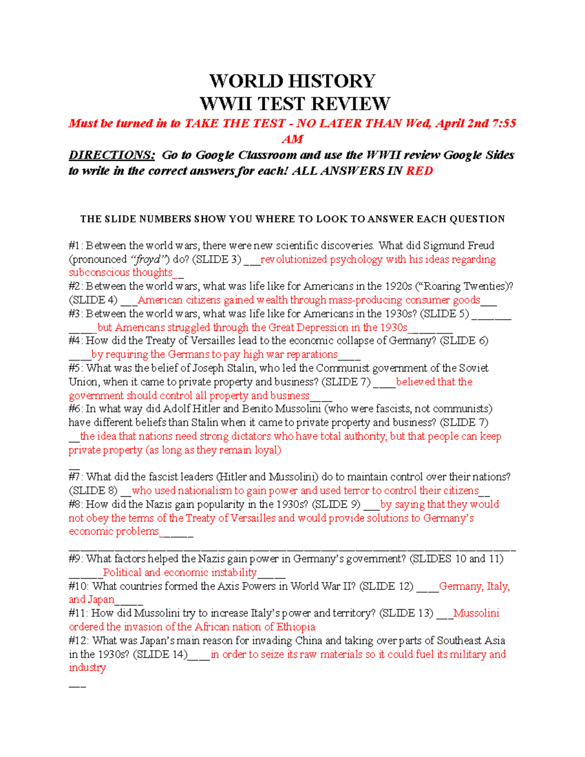 WWII Test Review Notes (World History | Due: April 2, 2025) - WORLD ...