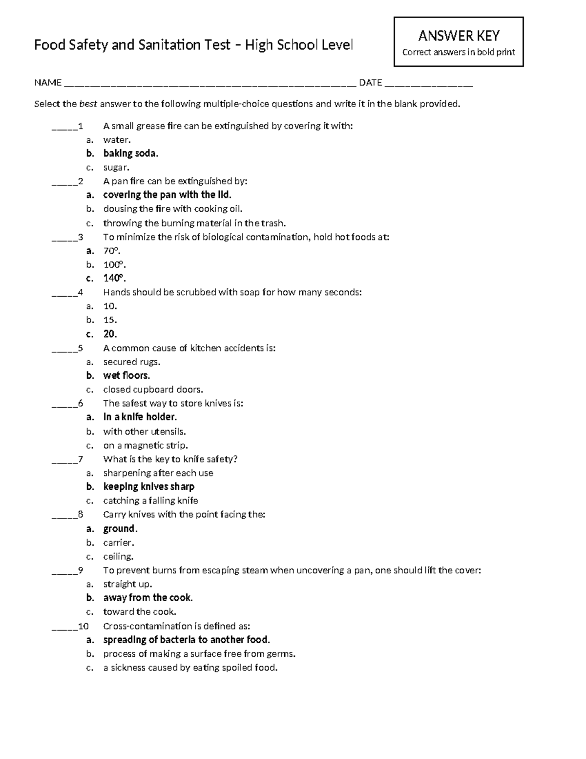 HS Food Safety and Sanitation Test Answers - High School Level - Studocu