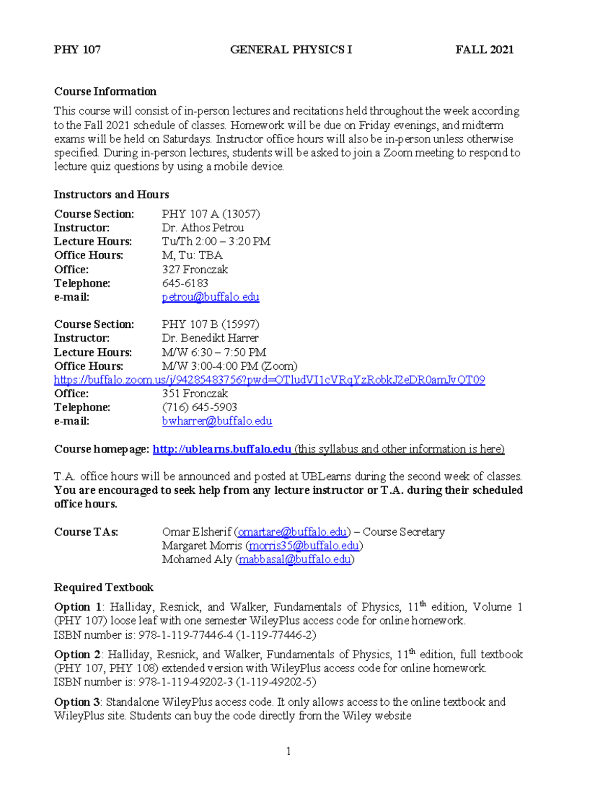 PHY 107 General Physics I Syllabus - Fall 2021 - Studocu