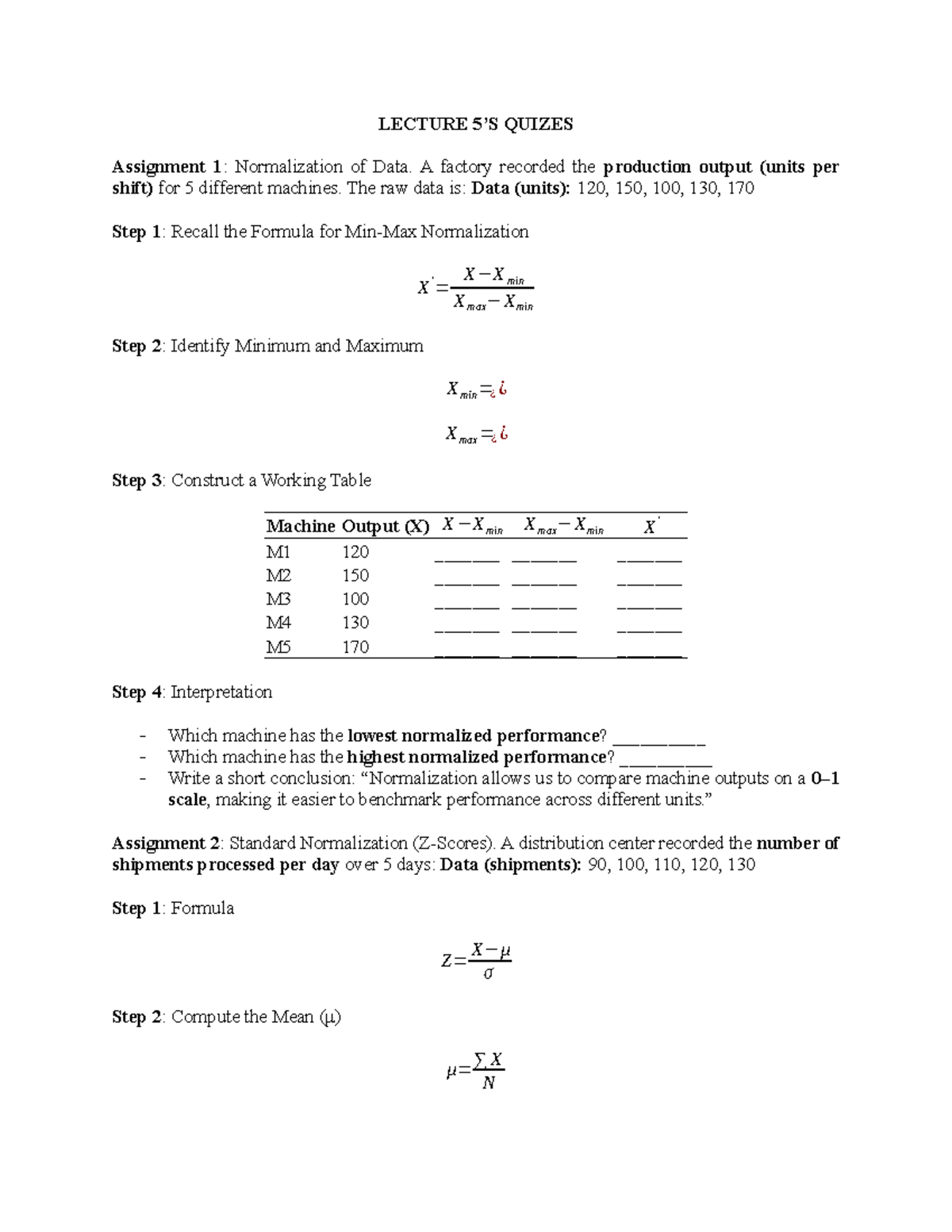 ENG PROB AND STAT LECTURE 5 QUIZZES: DATA NORMALIZATION & ANALYSIS ...