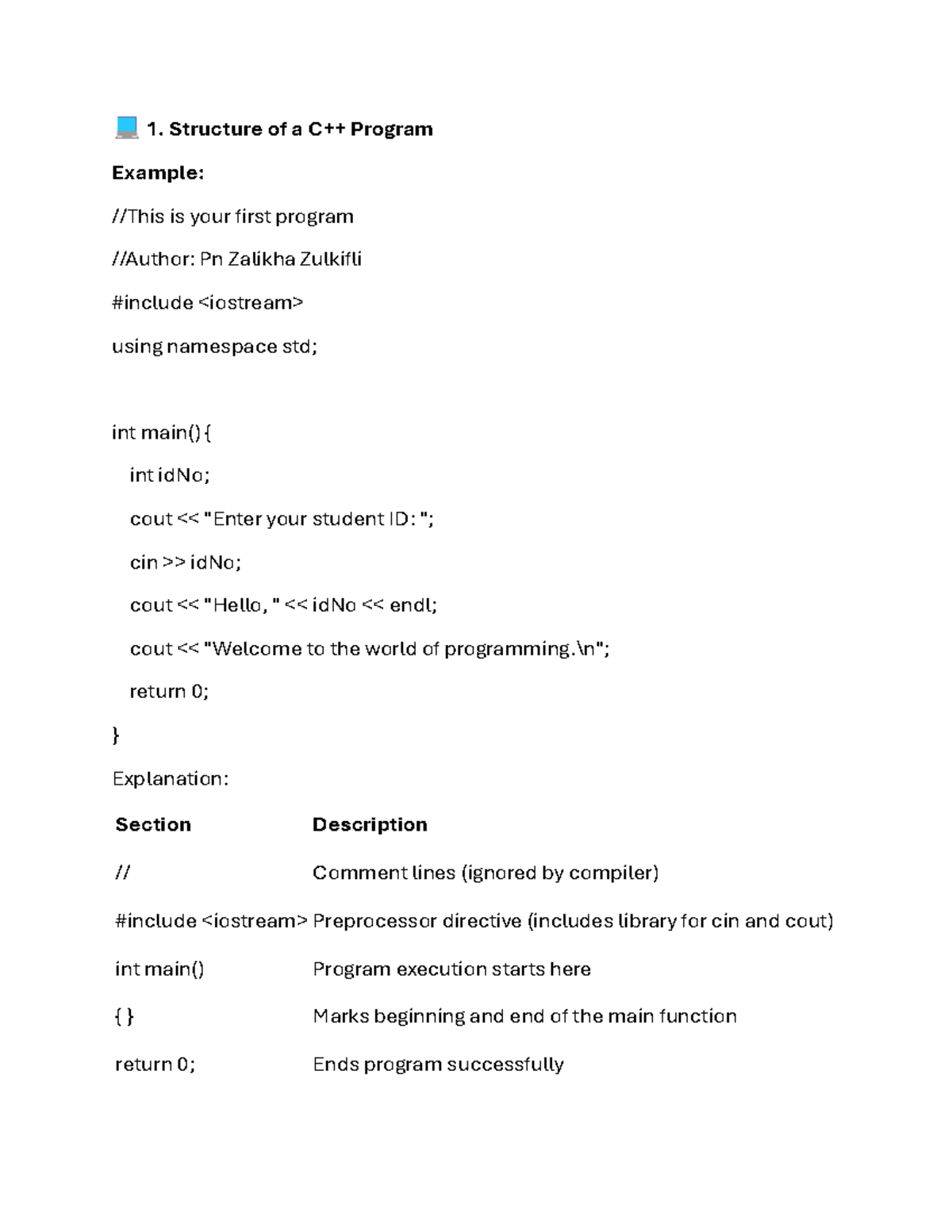 CSC126 Chapter 2: Structure of a Basic Program and Variables - Studocu