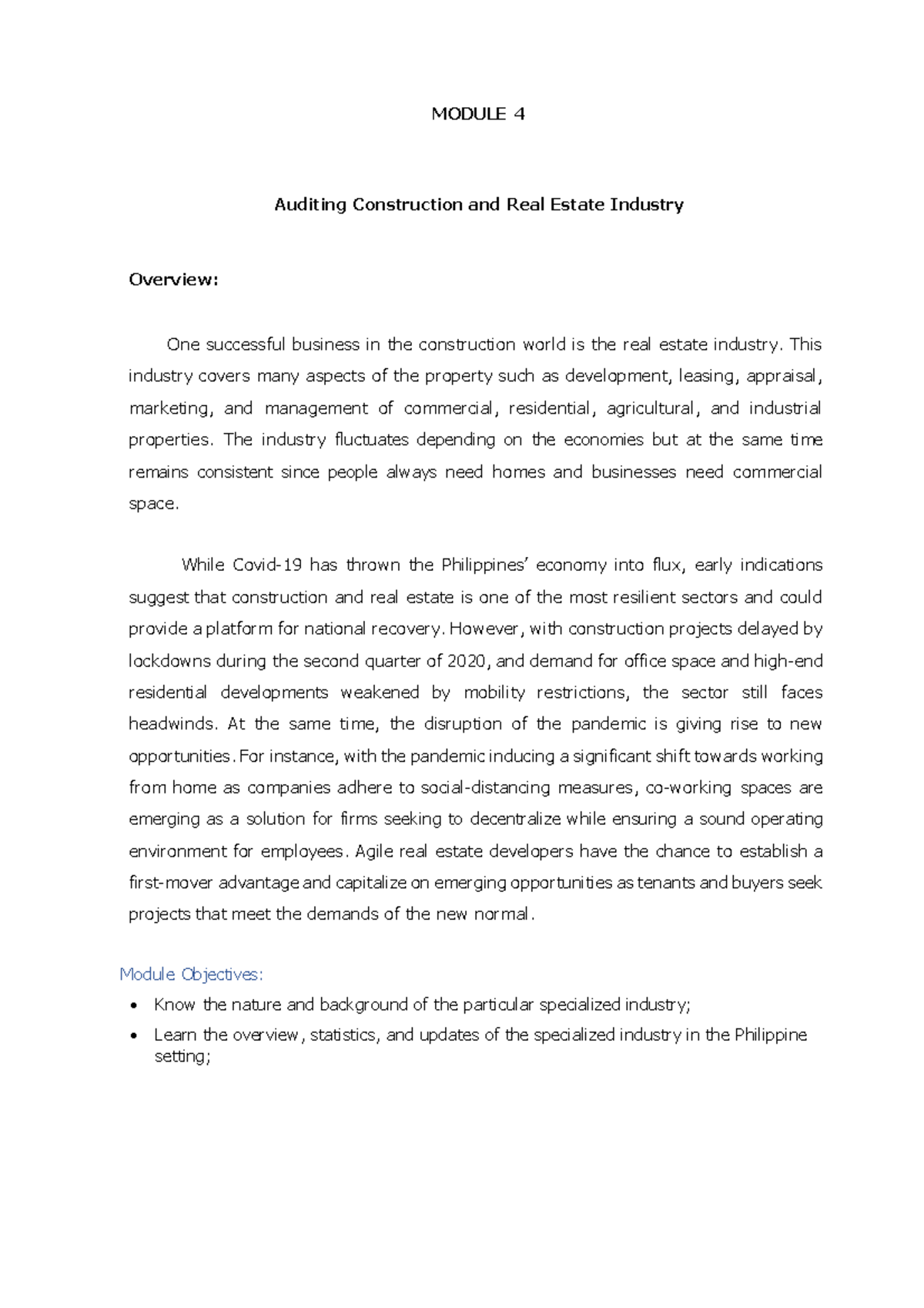 Module 4: Overview of Auditing in Construction & Real Estate Industry - Studocu