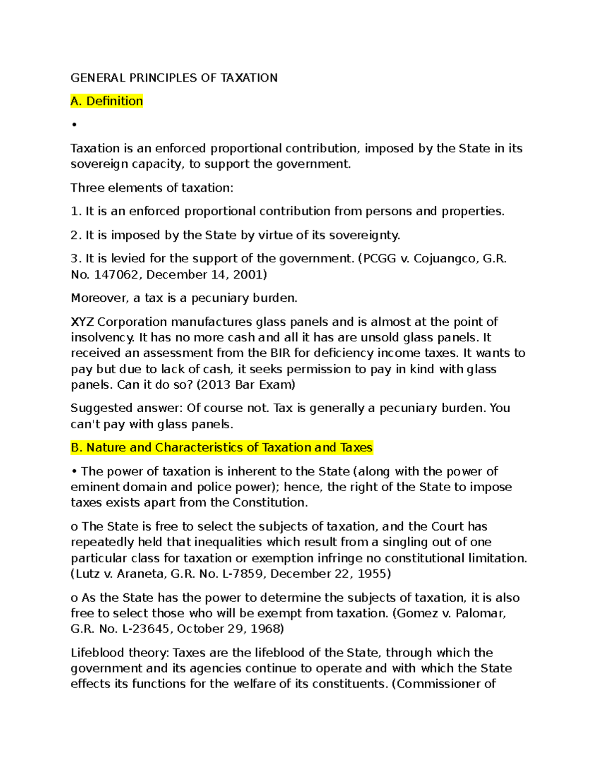 General Principles of Taxation (LAW 101) - Key Concepts and Cases - Studocu