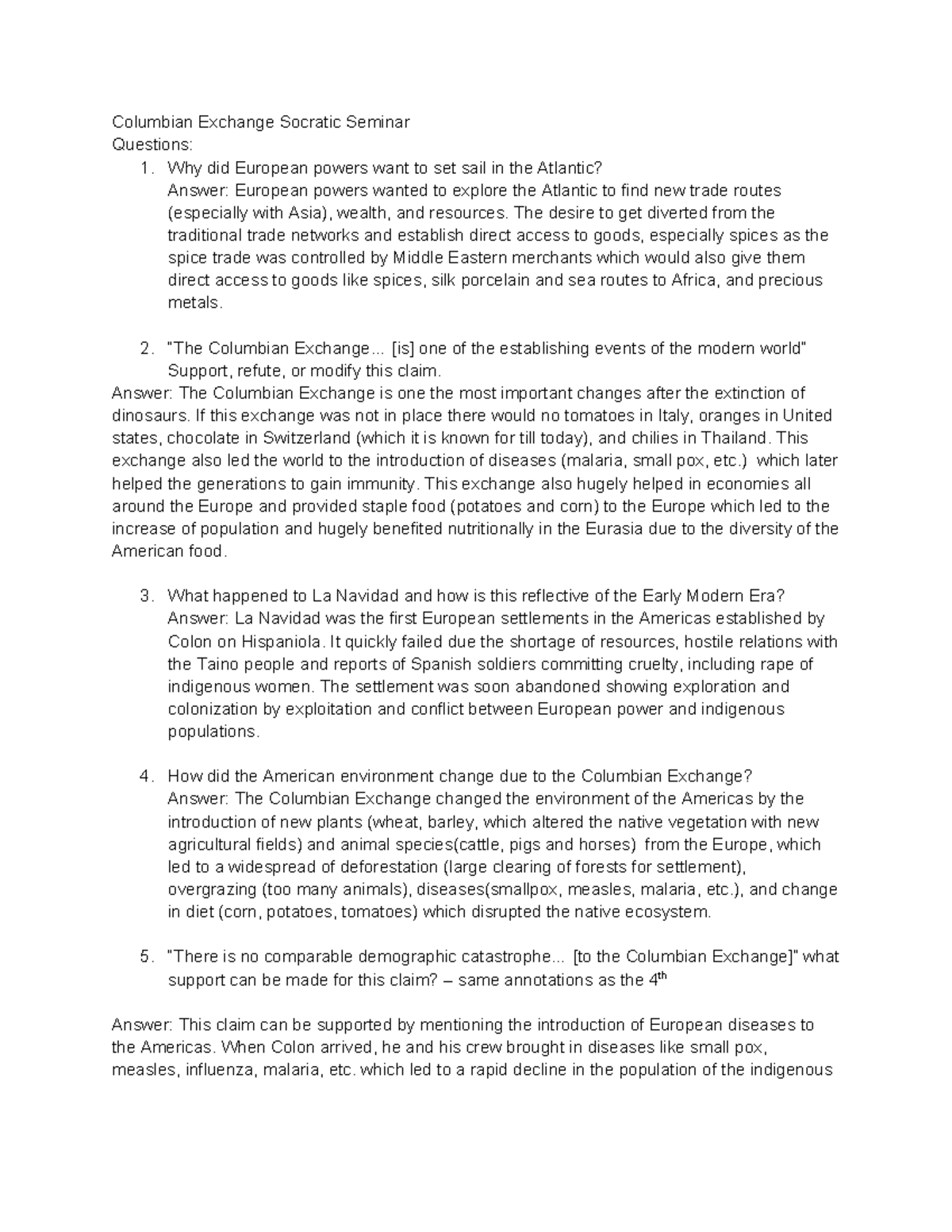 Columbian Exchange Socratic Seminar Questions & Insights (HIST 101 ...