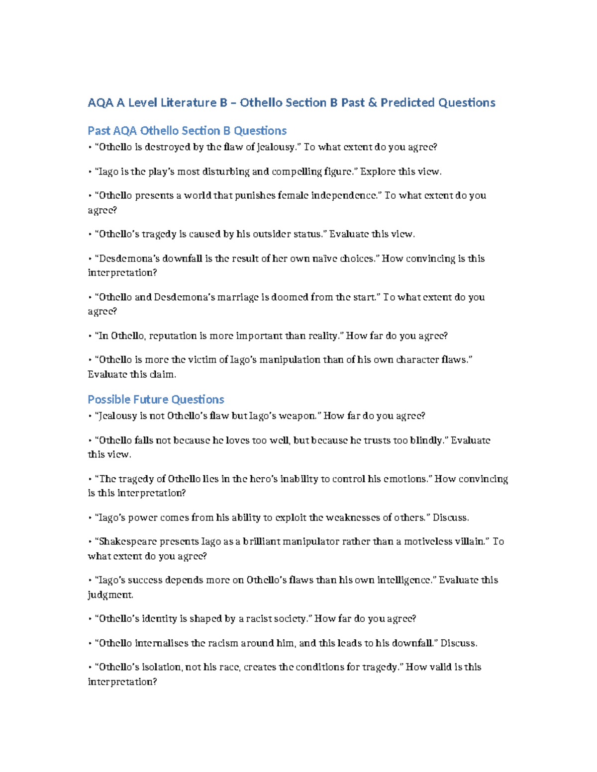 AQA A Level Literature B Othello Section B Predicted Questions - Studocu