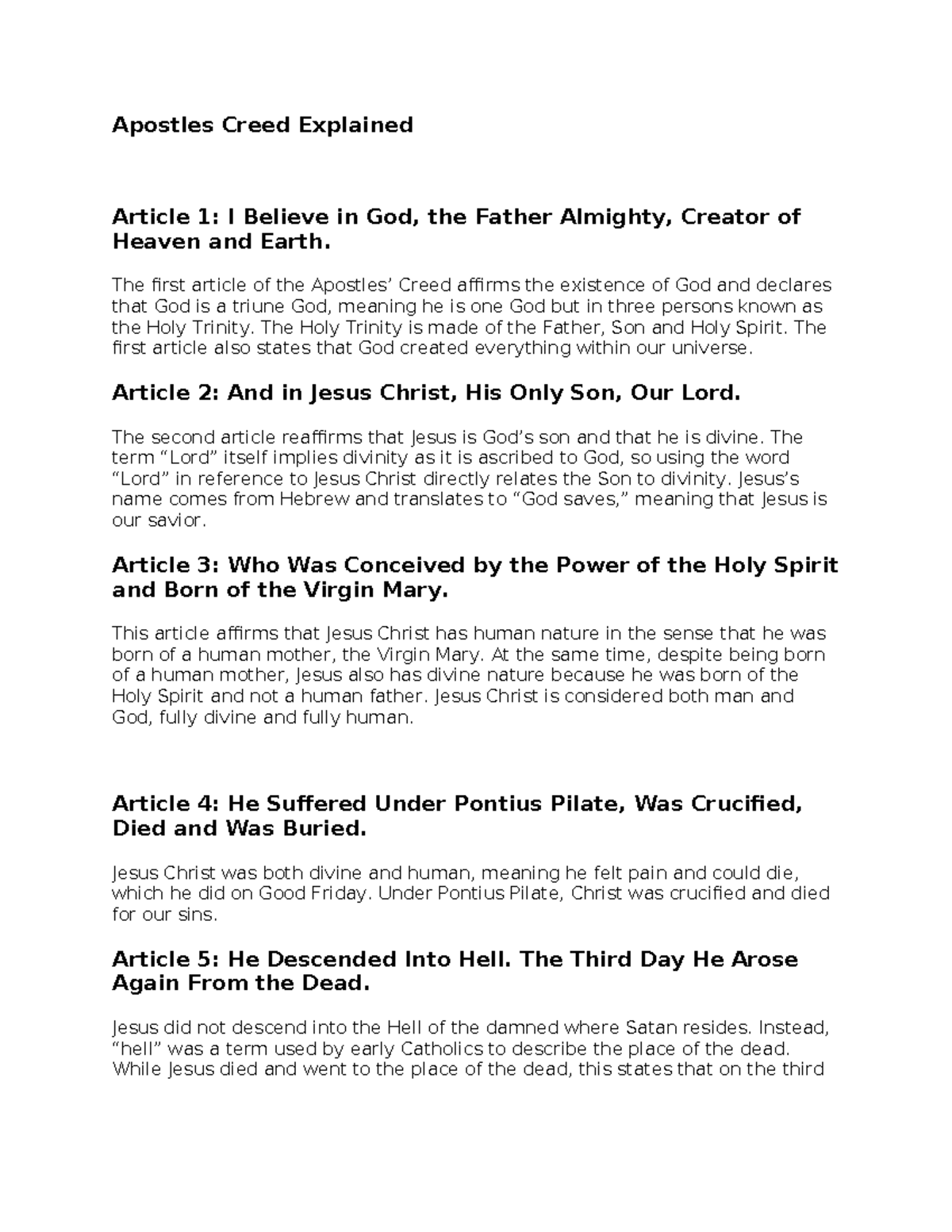 JD Apostles Creed: A Detailed Explanation of Its Articles - Studocu
