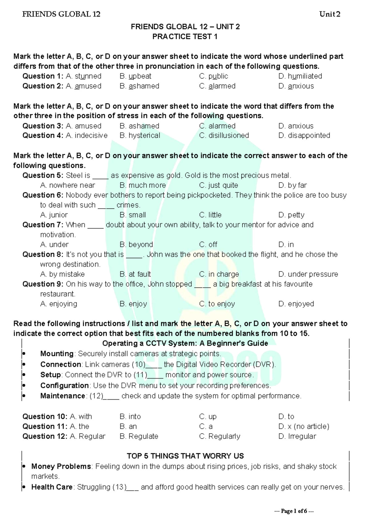 FRIENDS GLOBAL 12 Unit 2 Practice Test 1: Listening & Vocabulary - Studocu