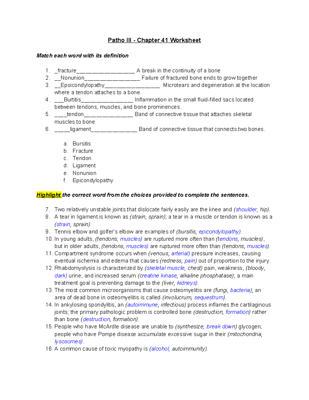 Patho III - Chapter 41 Definitions and Matching Worksheet - Studocu