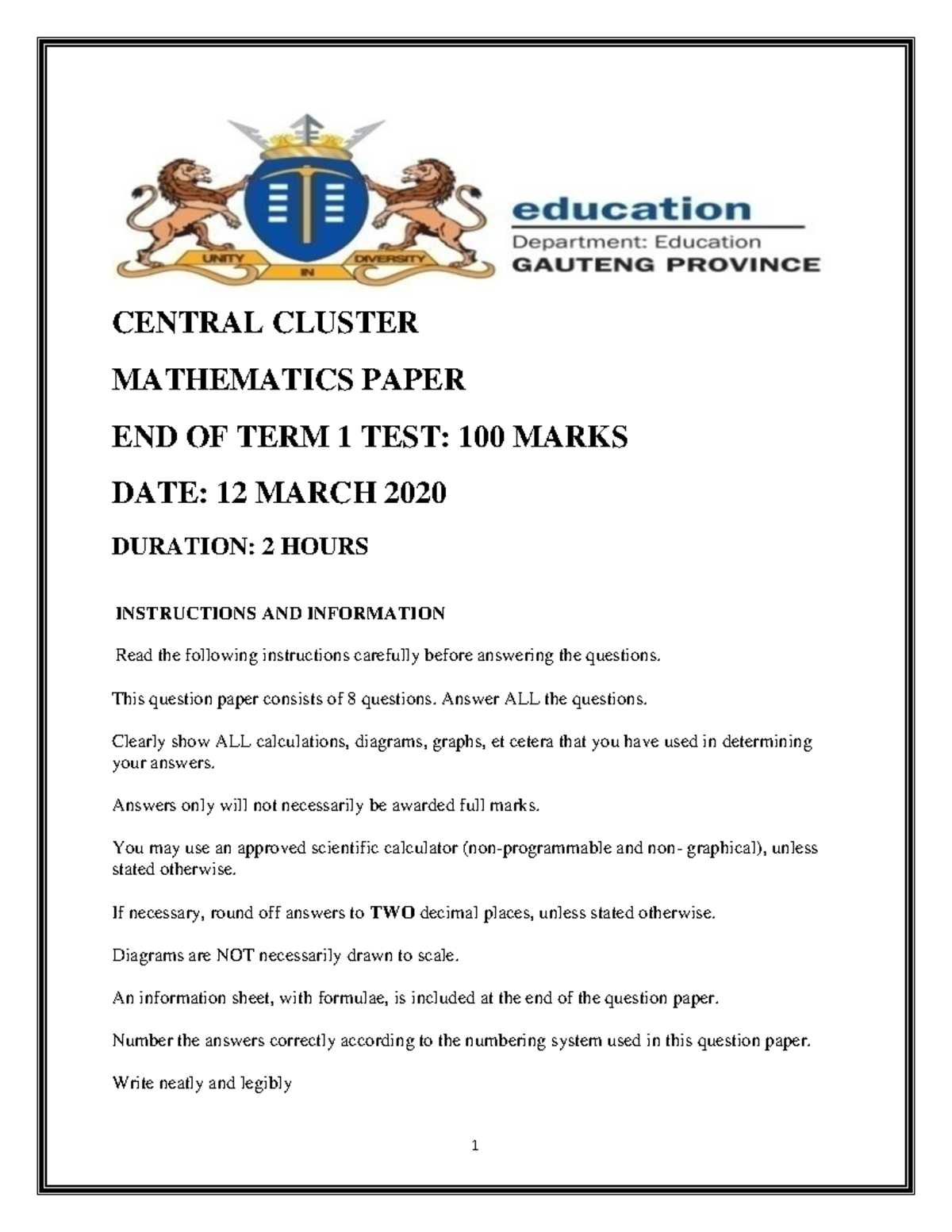 670132658 GR 12 Mathematics Term 1 Controlled Test Paper - Studocu