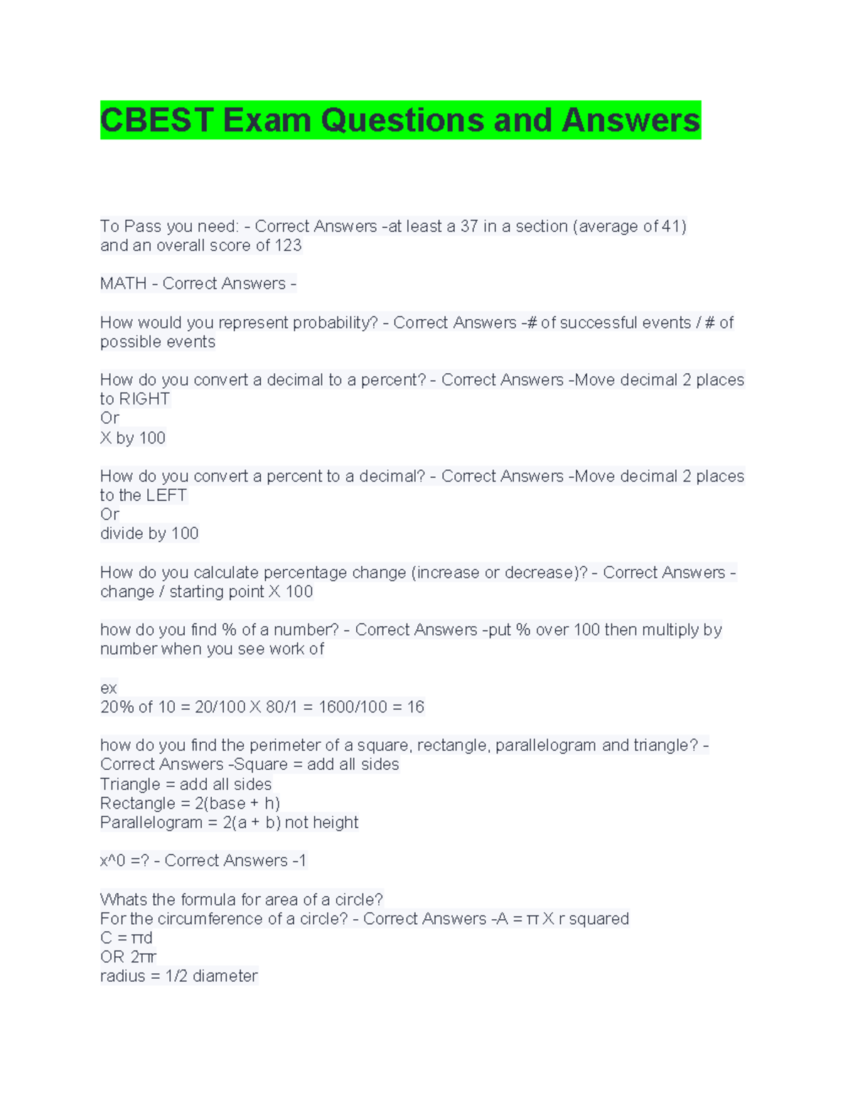 CBEST Exam Study Guide: Key Questions & Answers for Success - Studocu