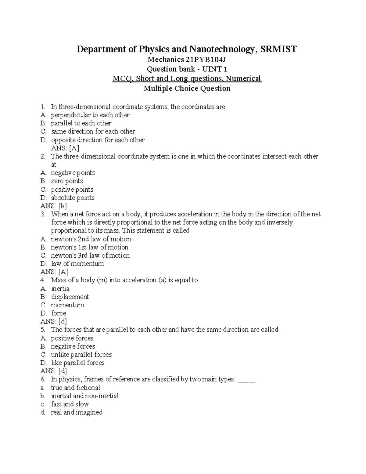 Unit 1 question bank for mechanics 21PYB104J: MCQs and numerical ...