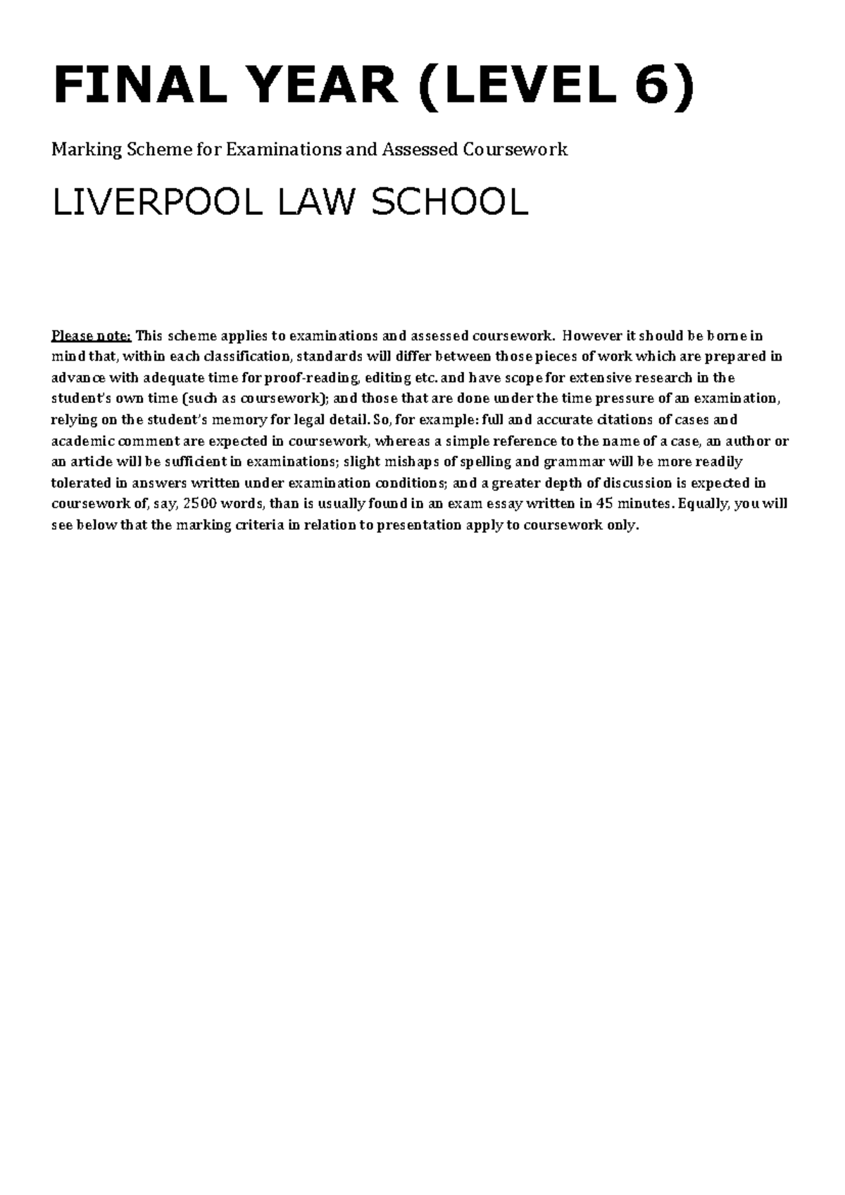 FINAL YEAR (LEVEL 6) Marking Criteria for Law Coursework - Studocu