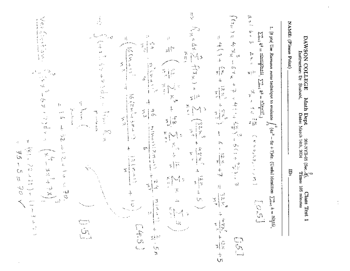 9 DAWSON COLLEGE Math Dept (Sec.2) Class Test 1 - Riemann Sums ...