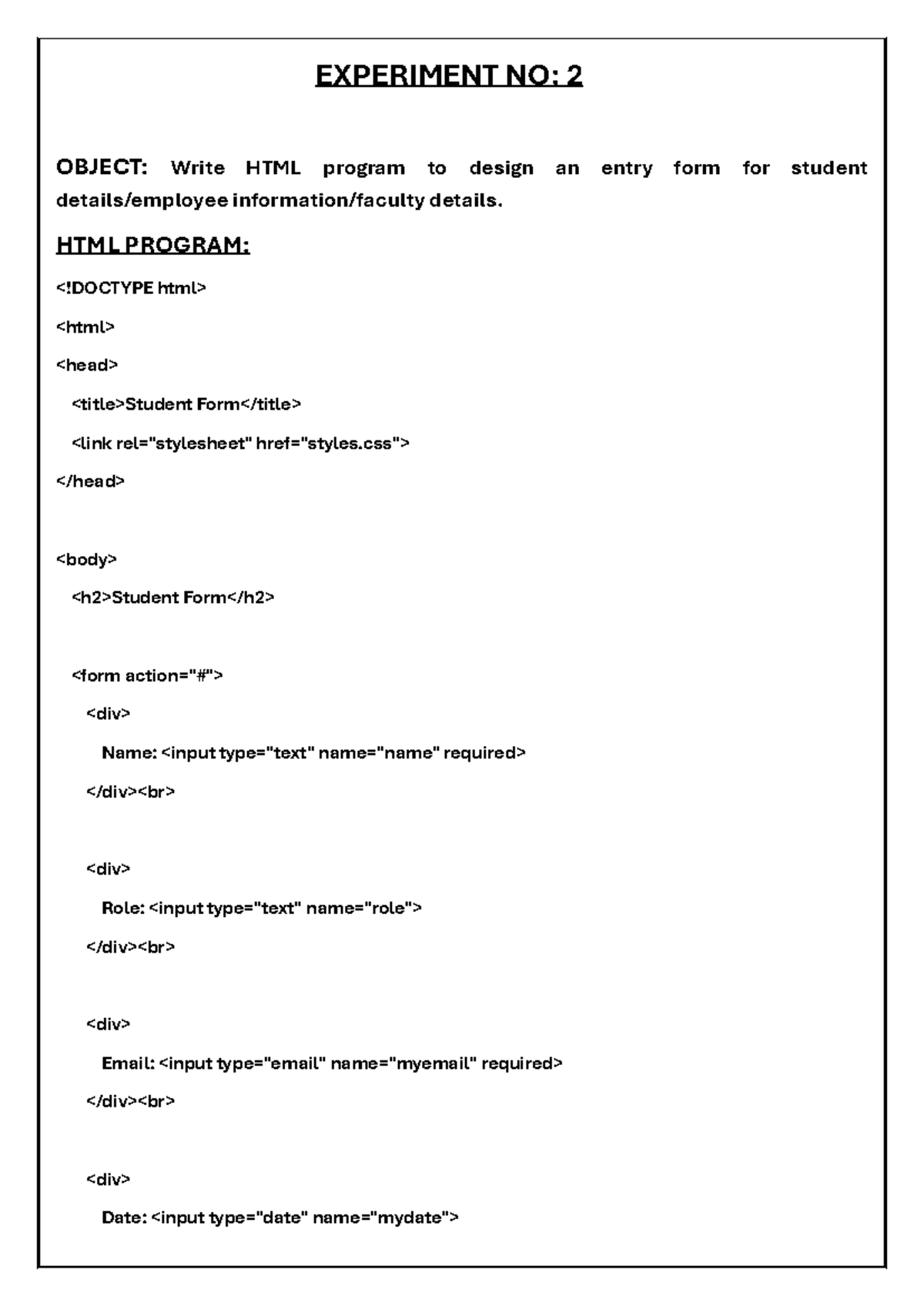 Web-tec exp 22222 - ncnc - EXPERIMENT NO: 2 OBJECT: Write HTML program ...
