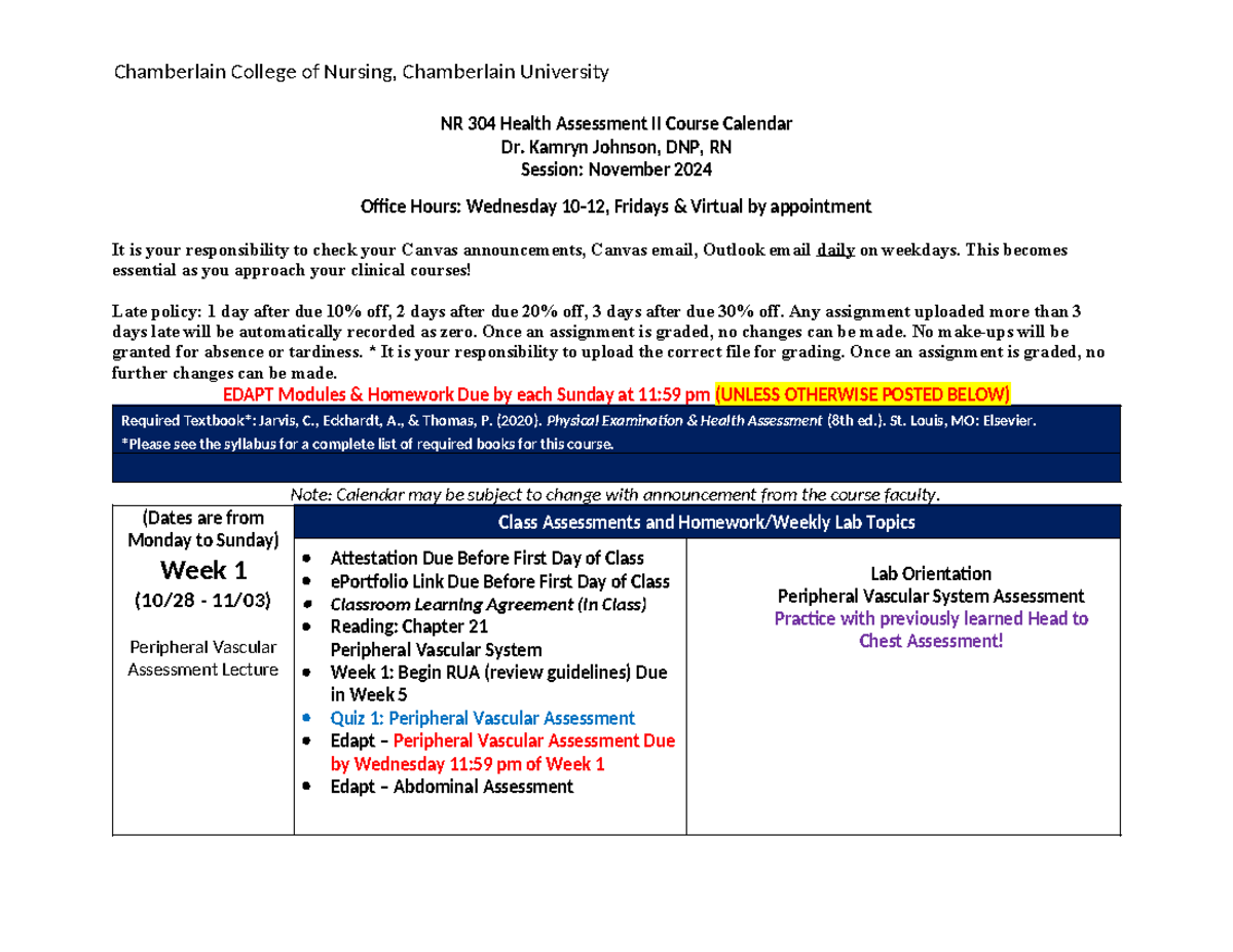 NR304 - Health Assessment II Course Calendar (November 2024) - Studocu