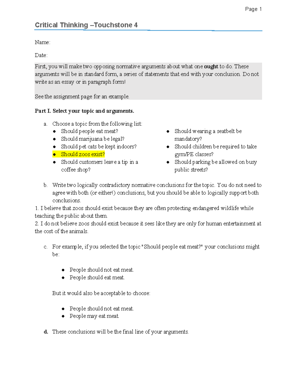 Critical Thinking TS 4: Normative Arguments on Zoos - Studocu
