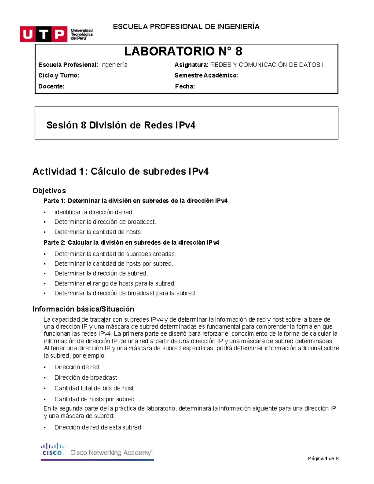 Laboratorio 8: Cálculo de Subredes IPv4 - REDES Y COMUNICACIÓN DE DATOS ...