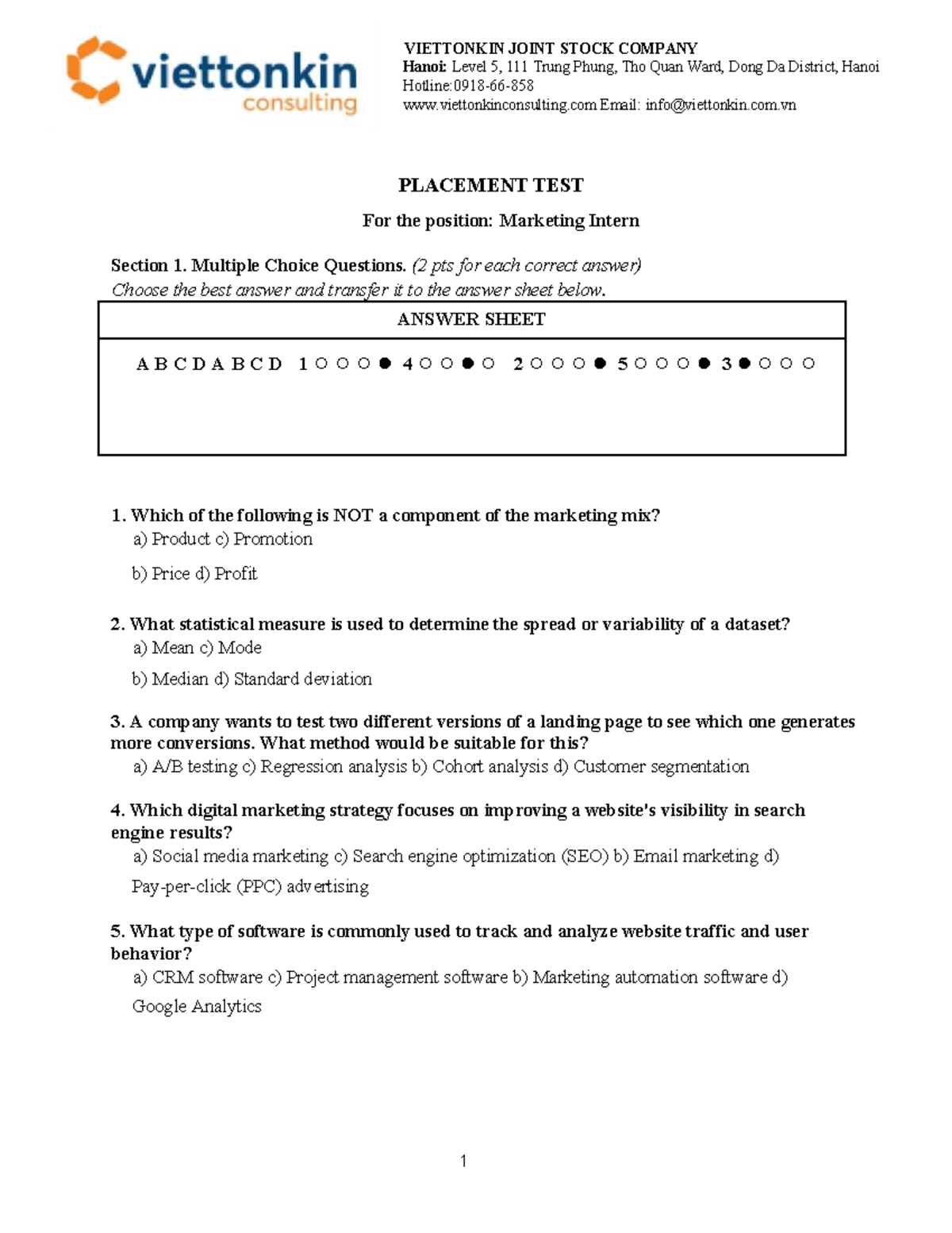 Placement Test for Marketing Intern 2026 at VIETTONKIN JSC - Studocu
