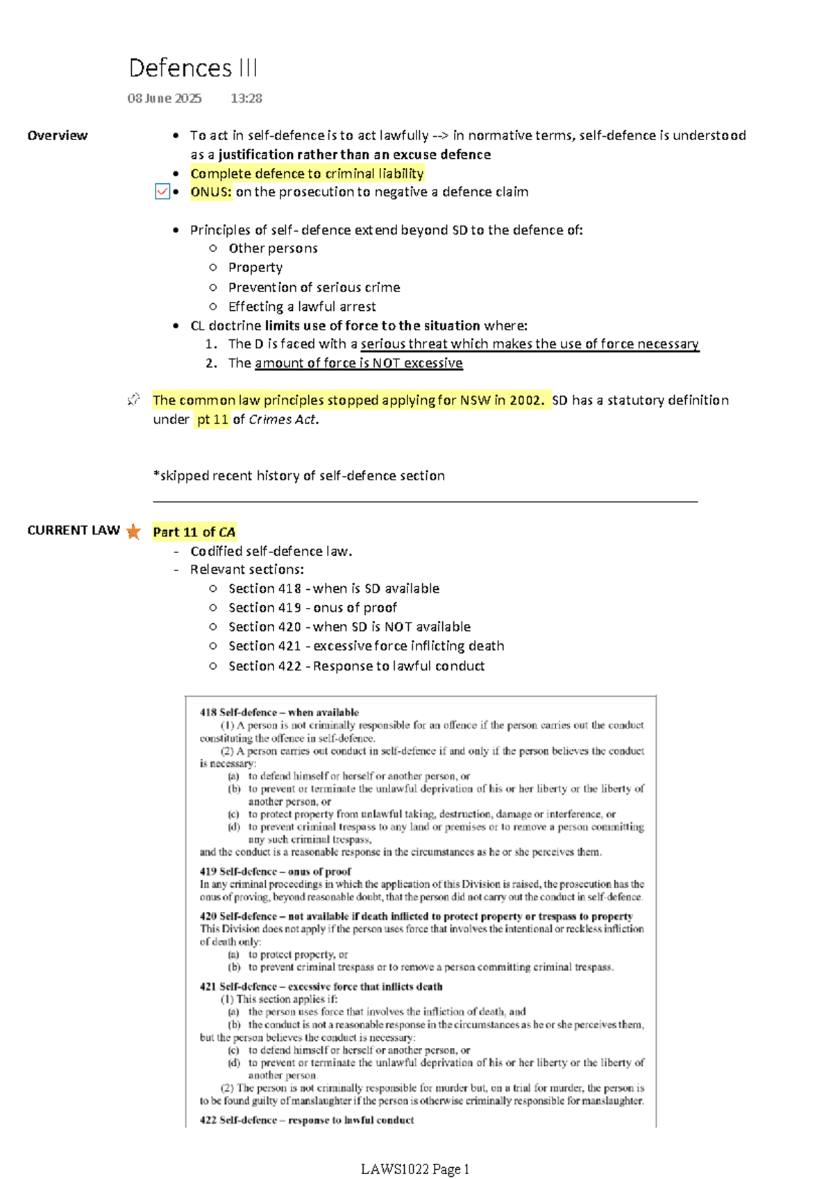 Defences Overview for LAWS1022: Key Principles and Case Law - Studocu