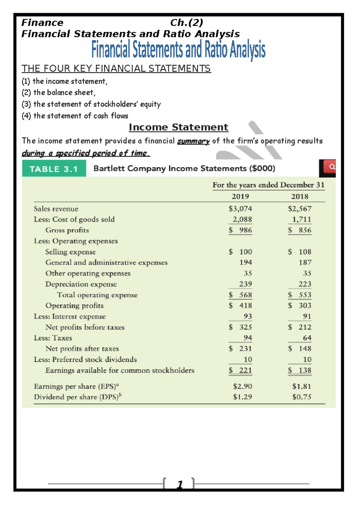Finance Ch 3: Overview of Financial Statements & Ratio Analysis - Studocu