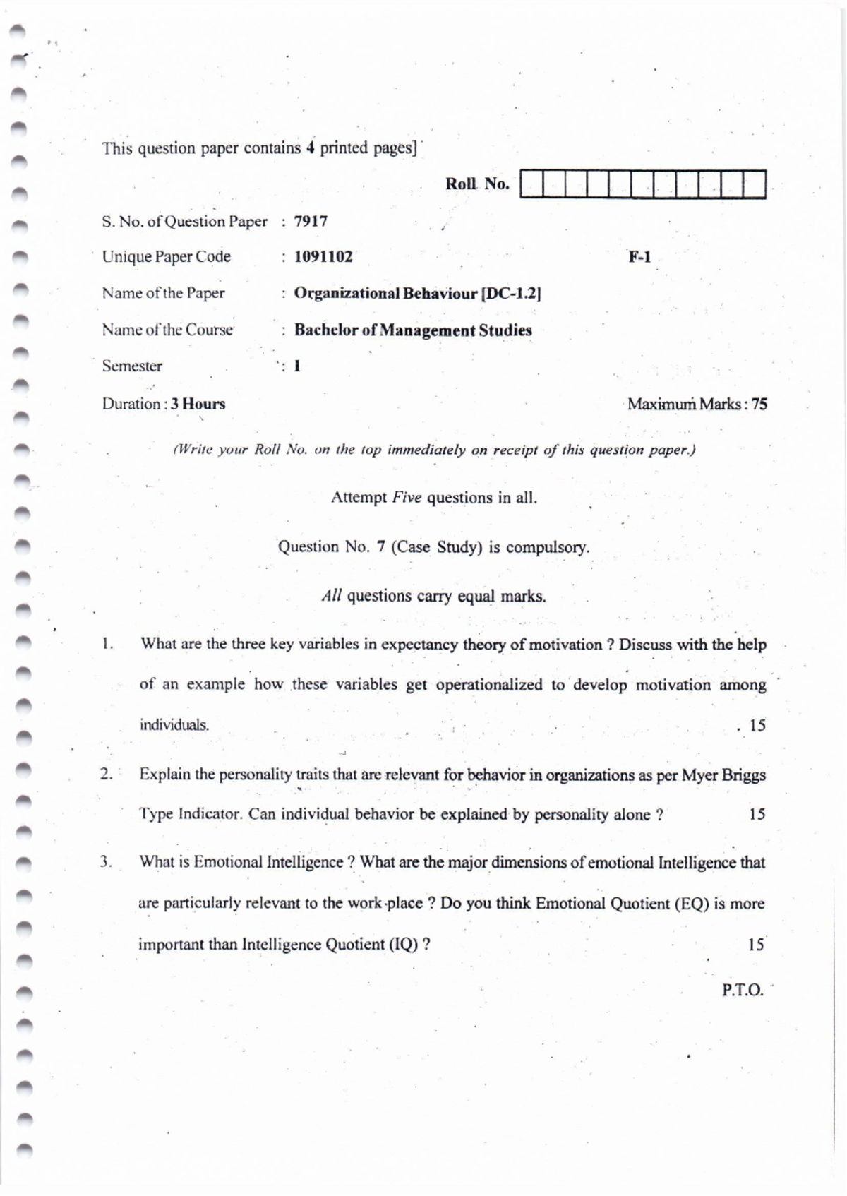 Organizational Behaviour - BMS I - Question Paper 1091102 - Studocu