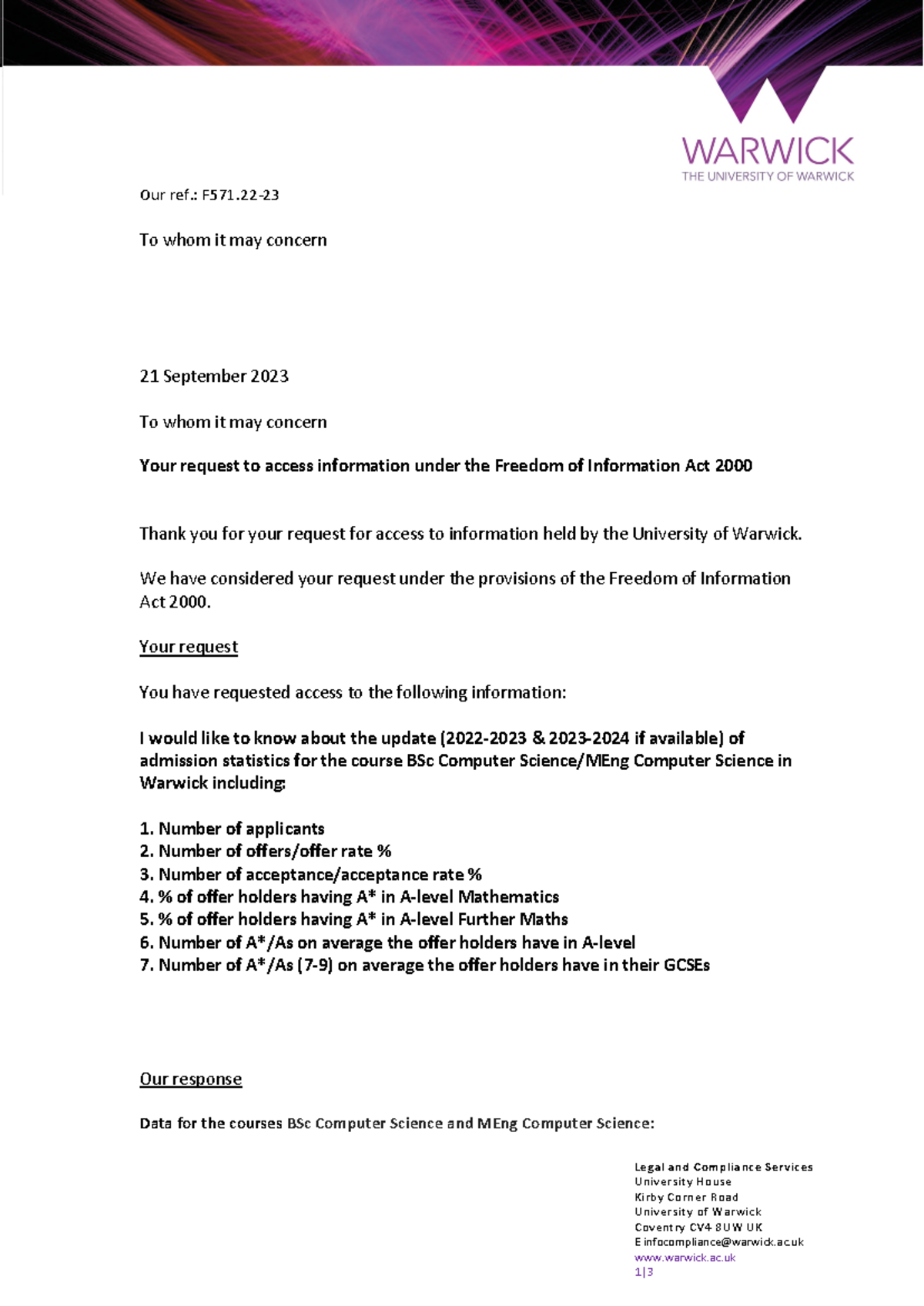 Freedom of Information Request - BSc Computer Science Stats - F571 ...