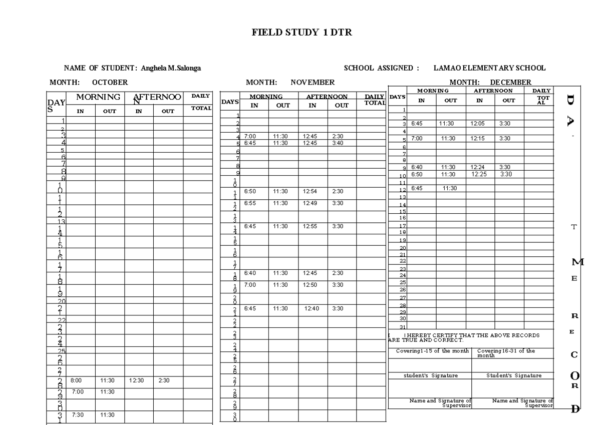 Field Study 1 DTR - Good lecture - FIELD STUDY 1 DTR NAME OF STUDENT: Anghela M SCHOOL ASSIGNED ...