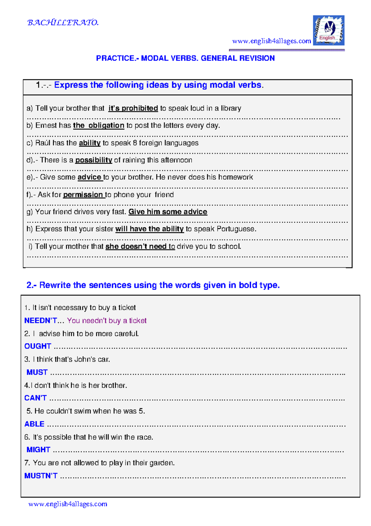 Modal Verbs. Practice - Ejercicios de INglés para practicar ...